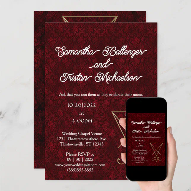 Gold Lucifer Sigil on Red Damask Satanic Wedding Invitation | Zazzle