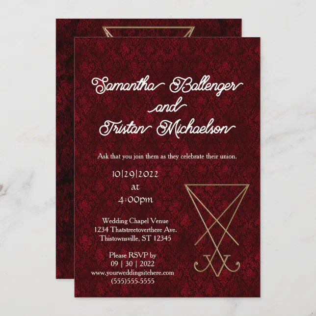 Gold Lucifer Sigil on Red Damask Satanic Wedding Invitation | Zazzle
