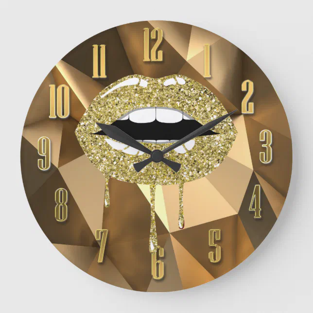 Gold Luxury Beauty Glam Glitter Drip Dripping Lips Large Clock | Zazzle