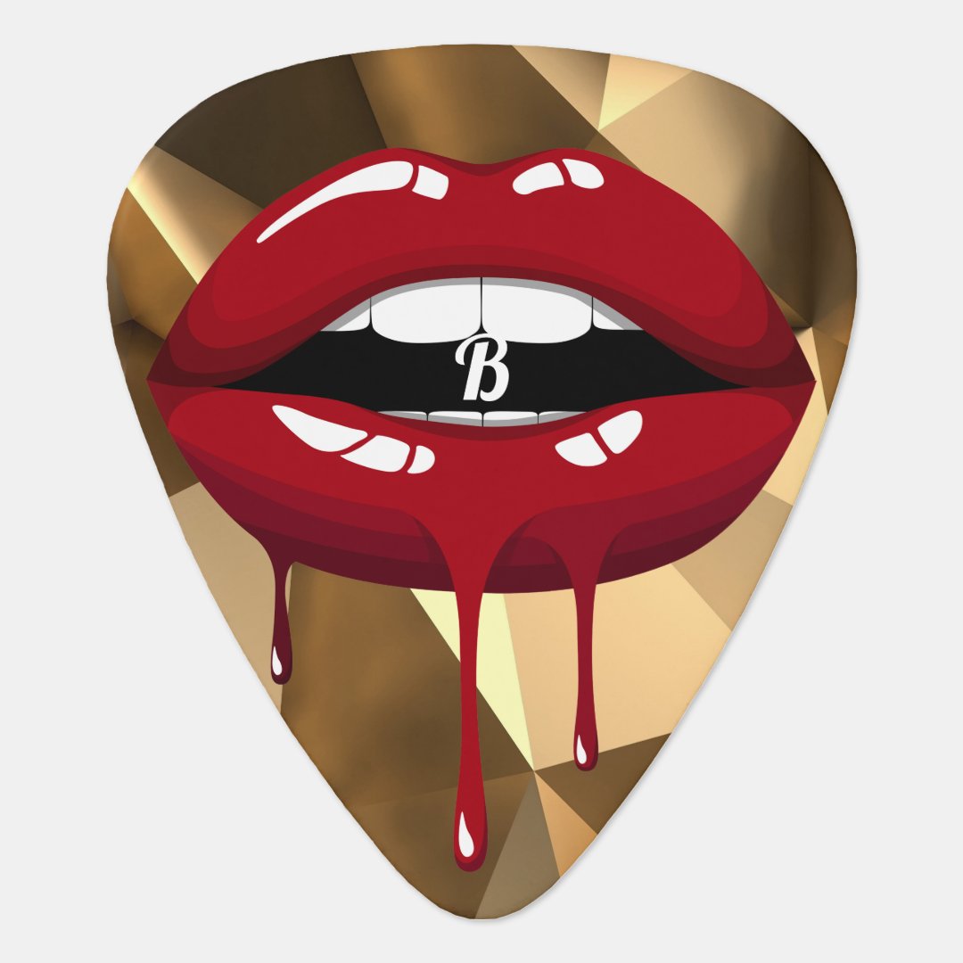 Gold Luxury Beauty Glamour Red Drip Dripping Lips Guitar Pick | Zazzle