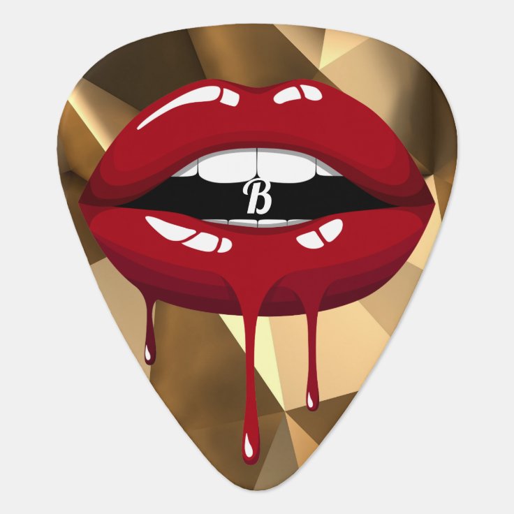 Gold Luxury Beauty Glamour Red Drip Dripping Lips Guitar Pick | Zazzle