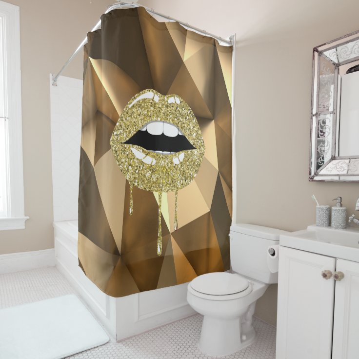 Gold Luxury Beauty Glitter Glam Drip Dripping Lips Shower Curtain | Zazzle
