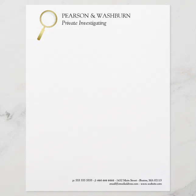 Gold Magnifying Glass Private Eye Name & Contact Letterhead | Zazzle