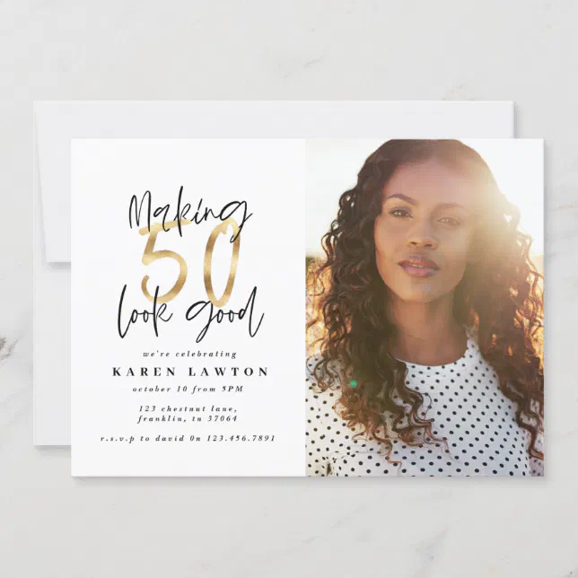 Gold making 50 look good photo birthday invitation | Zazzle