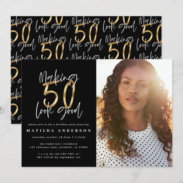 Gold making 50 look good photo birthday invitation | Zazzle