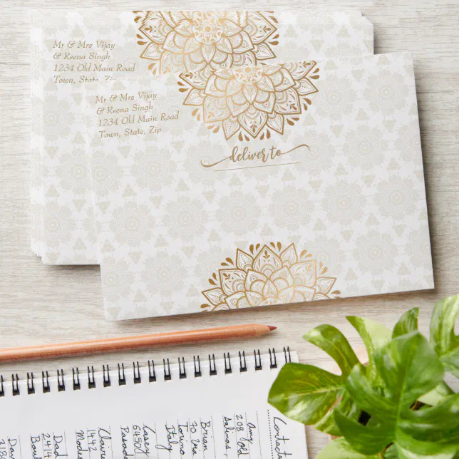 Gold mandala rangoli Indian wedding envelope | Zazzle