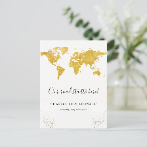 Gold map engagement postcard | Zazzle