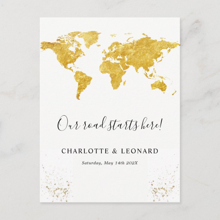Gold map engagement postcard | Zazzle