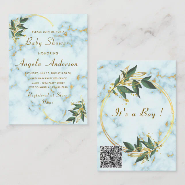 Gold Marble QR Code Baby Boy Shower Invitation | Zazzle