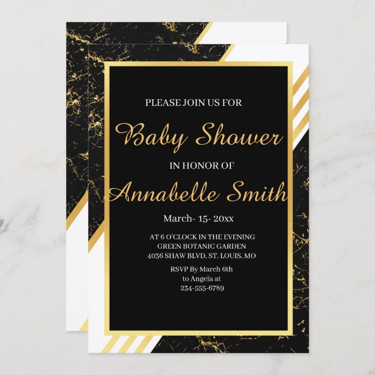 Gold marble stripes typography black Baby Shower Invitation | Zazzle
