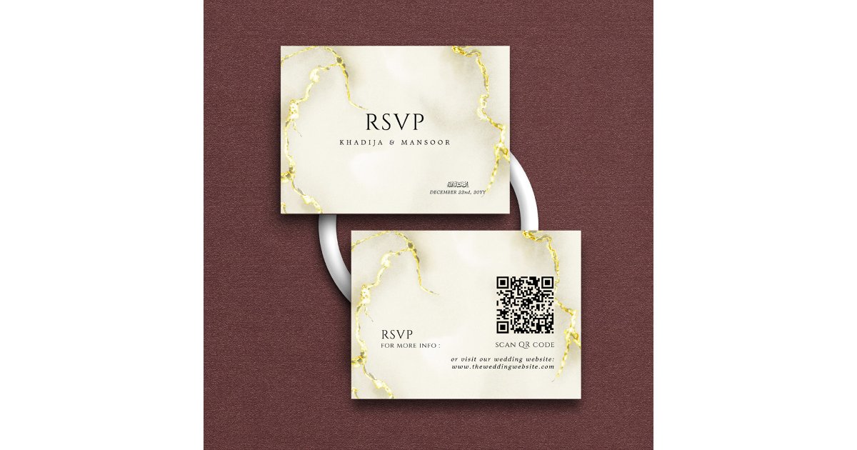 Gold Marble Texture Islamic QR code Wedding RSVP Enclosure Card | Zazzle