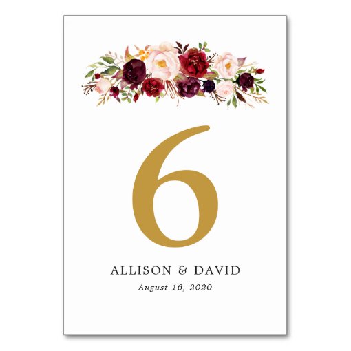 Gold Marsala Boho Floral Table Numbers | Zazzle