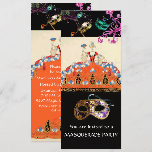 GOLD MASKS ORANGE LADY MASQUERADE PARTY Programme Invitation | Zazzle