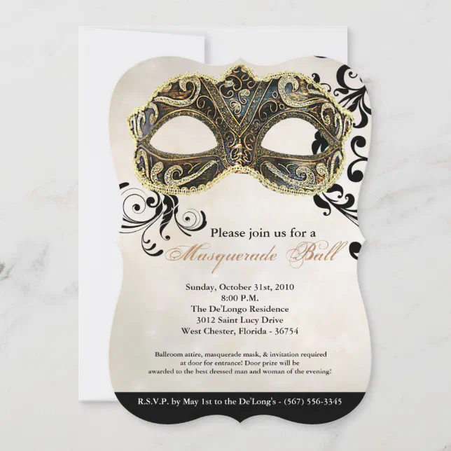 Gold Masquerade Ball Mask Costume Halloween Part Invitation | Zazzle