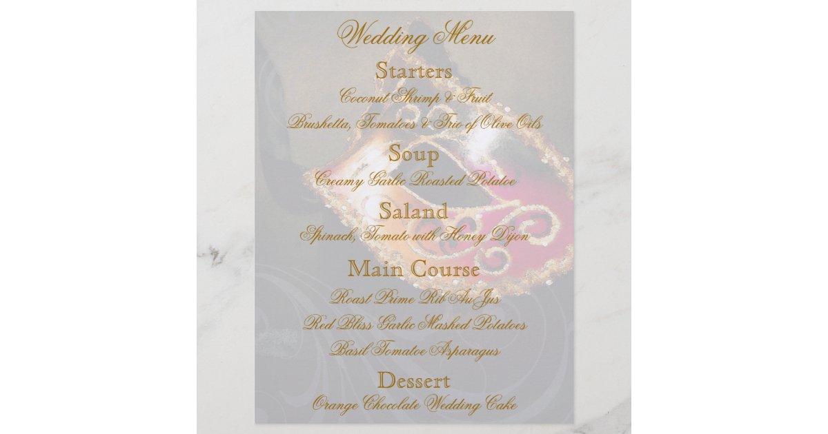 Gold Masquerade Ball Wedding Menu Flyer | Zazzle