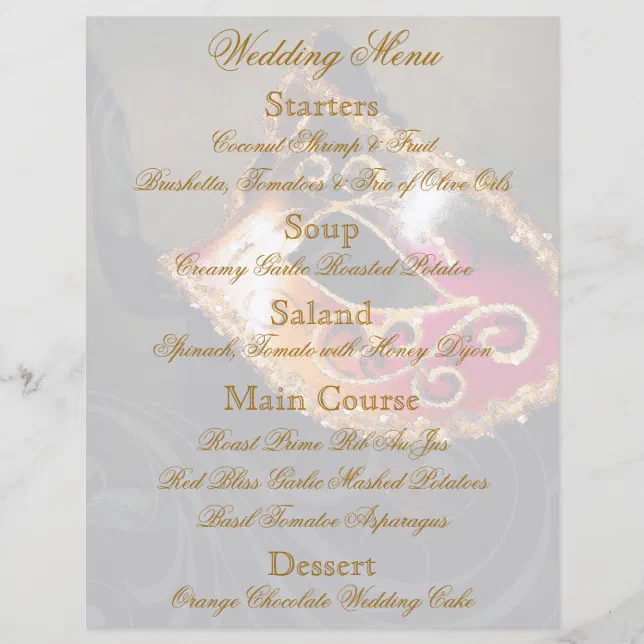 Gold Masquerade Ball Wedding Menu Flyer | Zazzle