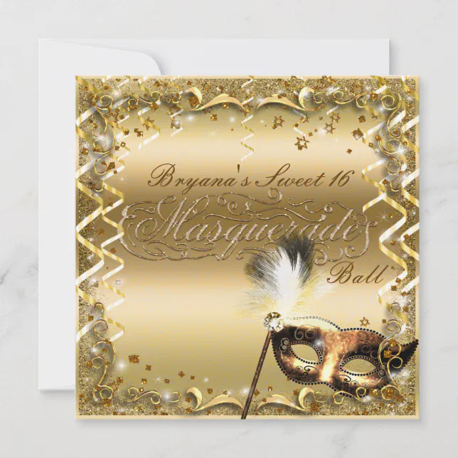 Gold Masquerade Mask Elegant Ball Birthday Party Invitation | Zazzle