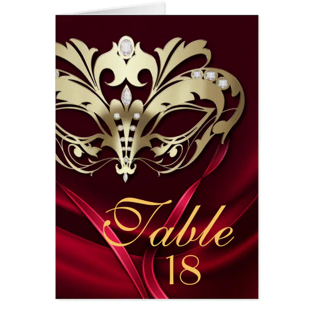 Gold Masquerade Red Table Number Card | Zazzle