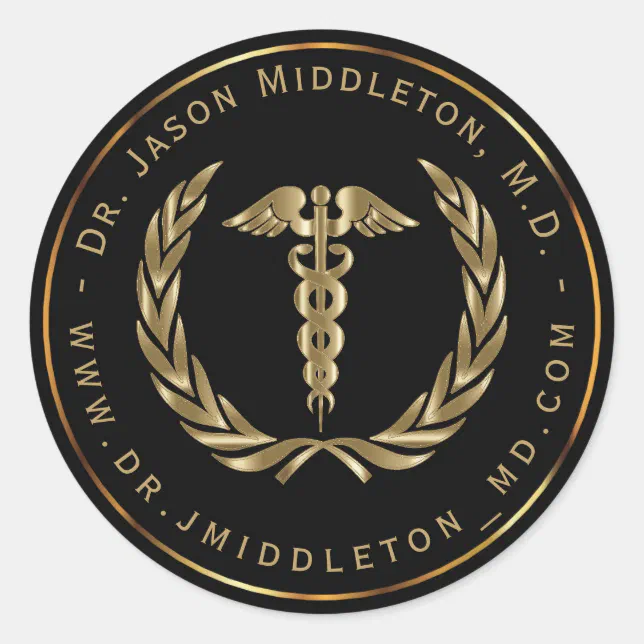 Gold Medical Symbol on Black Classic Round Sticker | Zazzle