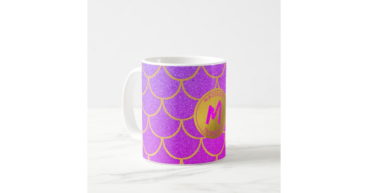 Gold Mermaid Scales Pink Glitter Pattern Monogram Coffee Mug | Zazzle