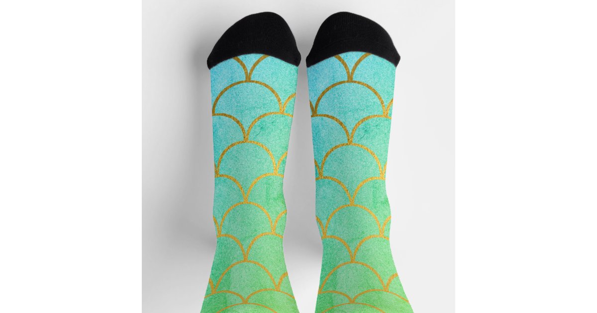 Gold Mermaid Scales Teal Turquoise Glitter Socks | Zazzle