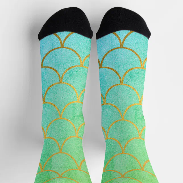 Gold Mermaid Scales Teal Turquoise Glitter Socks | Zazzle