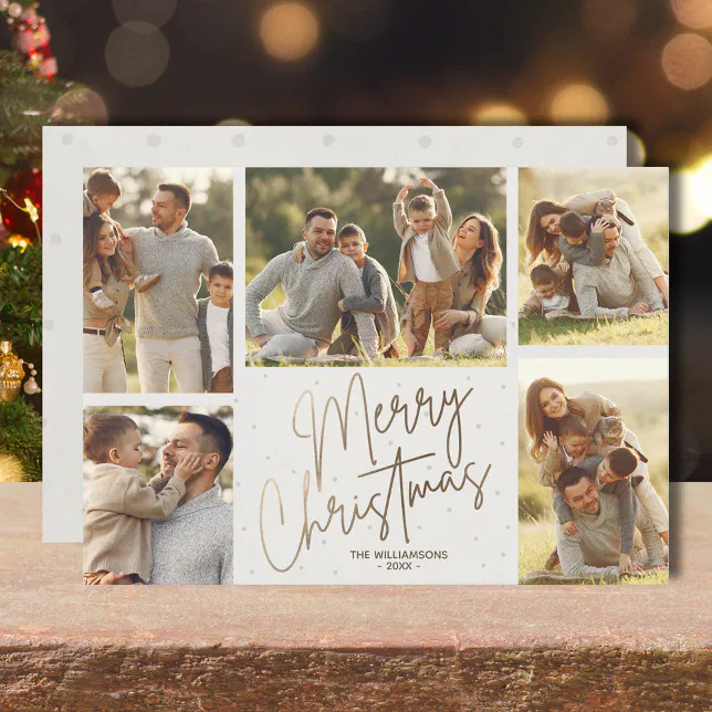 Gold Merry Christmas Five Photos Holiday Card | Zazzle