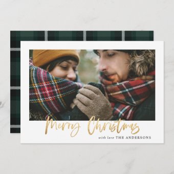 Gold merry christmas green plaid photo card | Zazzle