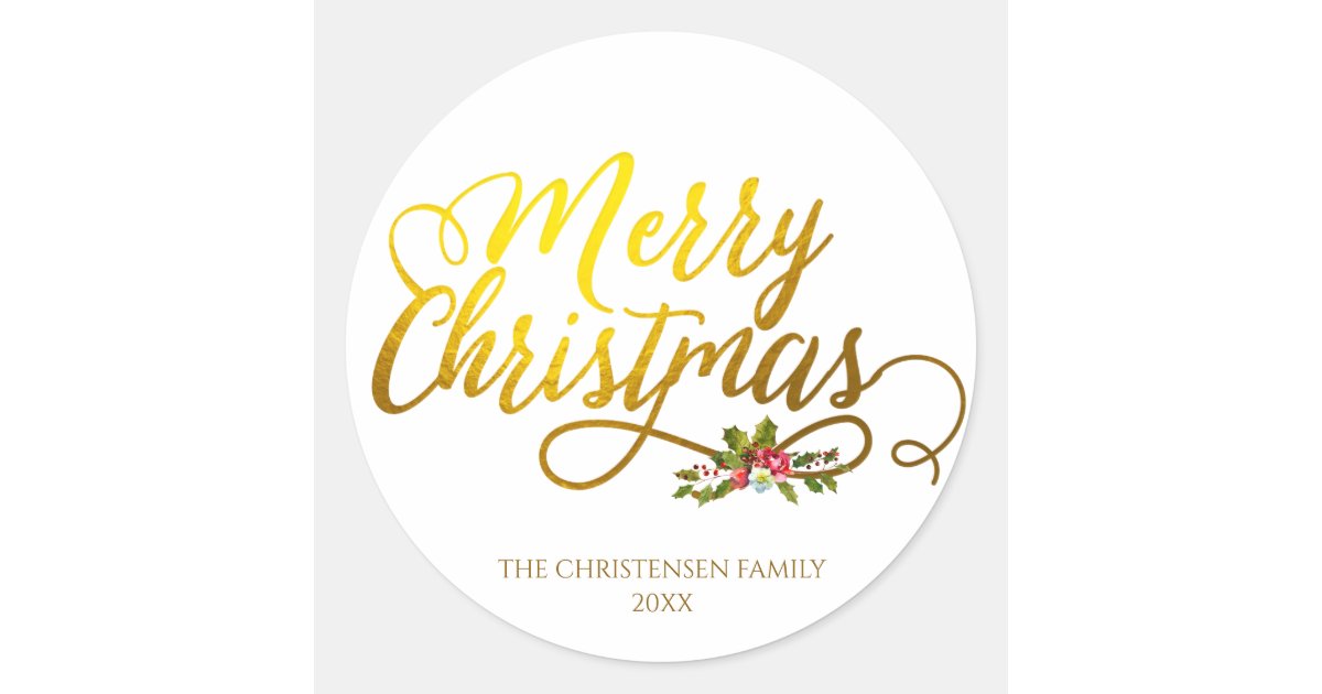 Gold Merry Christmas Red Holly Classic Round Sticker | Zazzle