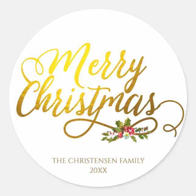 Gold Merry Christmas Red Holly Classic Round Sticker | Zazzle
