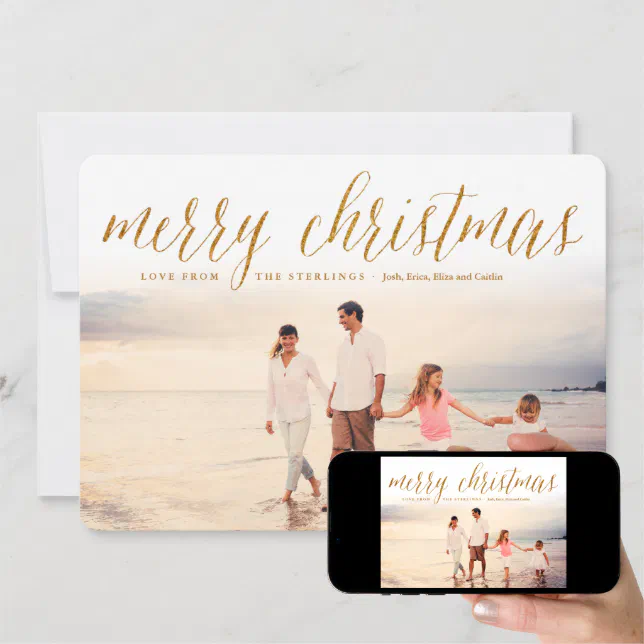 Gold Merry Christmas Script Holiday Photo Card | Zazzle