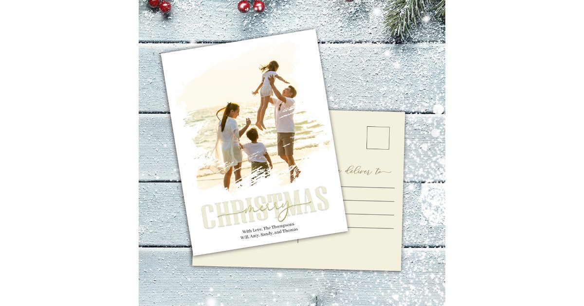 Gold Merry Christmas Script Photo Holiday Postcard | Zazzle