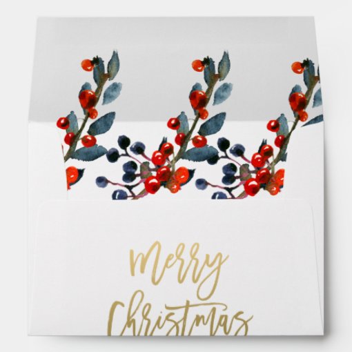 Gold Merry Christmas Script Red Berries Holiday Envelope | Zazzle