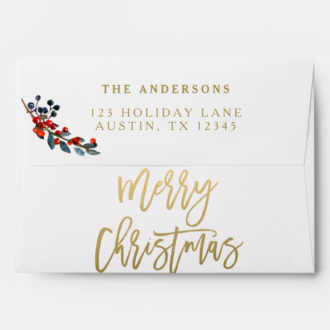 Gold Merry Christmas Script Red Berries Holiday Envelope | Zazzle
