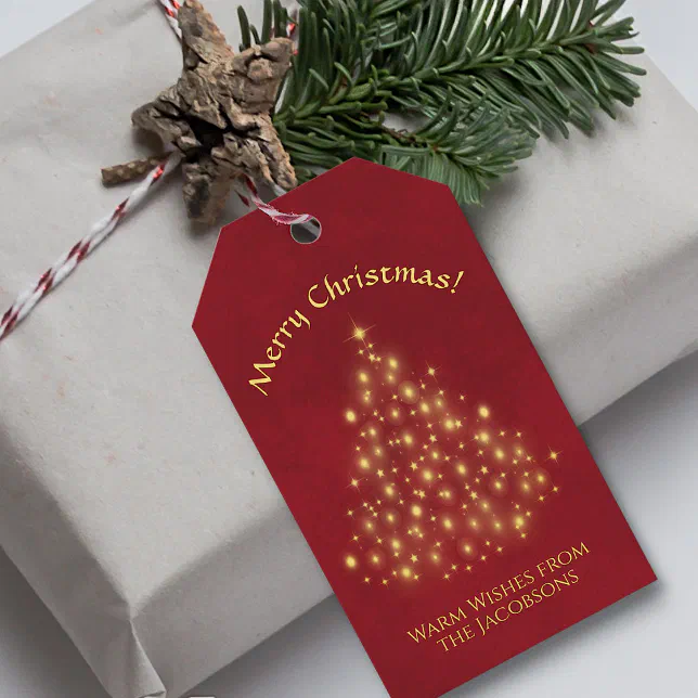 Gold Merry Christmas Tree Lights on Crimson Red Gift Tags | Zazzle
