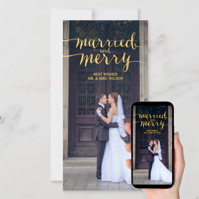 GOLD MERRY & MARRIED | HOLIDAY PHOTO CARD | Zazzle