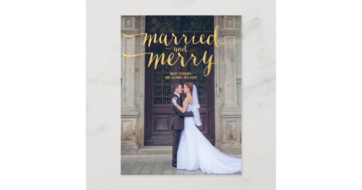 GOLD MERRY & MARRIED | HOLIDAY PHOTO POSTCARD | Zazzle