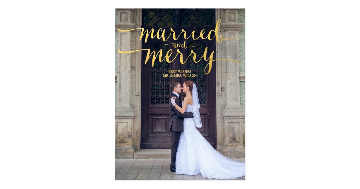 GOLD MERRY & MARRIED | HOLIDAY PHOTO POSTCARD | Zazzle.com