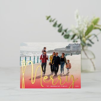 GOLD Merry | Red Gradient Happy Christmas Photo Foil Holiday Postcard ...