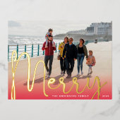 GOLD Merry | Red Gradient Happy Christmas Photo Foil Holiday Postcard ...