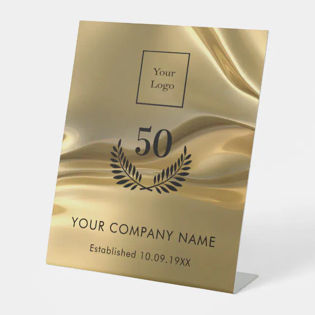 Gold metal logo business years of service pedestal sign | Zazzle