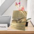 Gold metal logo business years of service pedestal sign | Zazzle