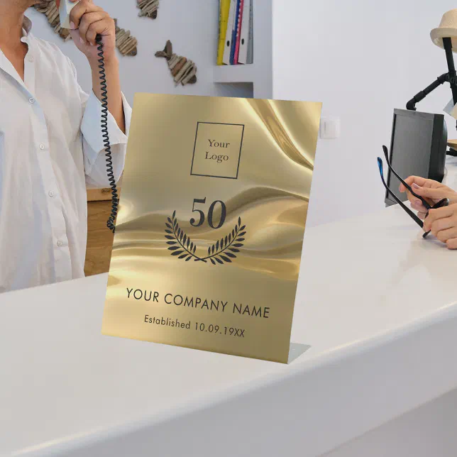 Gold metal logo business years of service pedestal sign | Zazzle