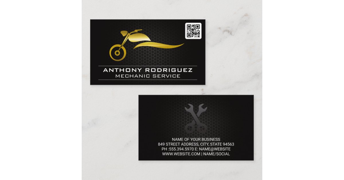 Gold Metal Motorcycle Logo | QR Code Business Card | Zazzle