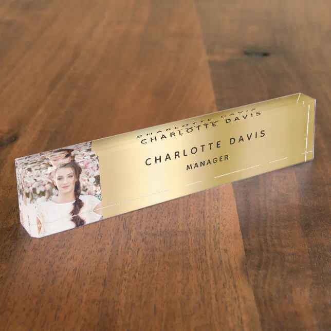 Gold metal photo monogram modern employee desk name plate | Zazzle