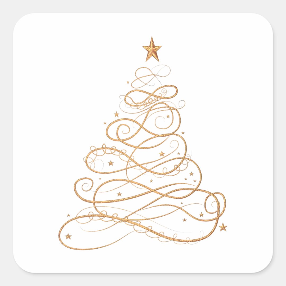 Gold Metallic Filigree Christmas Tree Minimalist Square Sticker | Zazzle