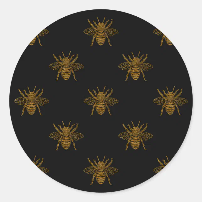 Gold Metallic Foil Bees on Black Classic Round Sticker | Zazzle