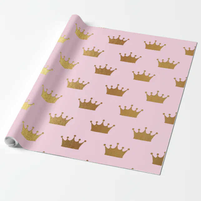 Gold Metallic Foil Crown Crowns Pink Royal Modern Wrapping Paper | Zazzle