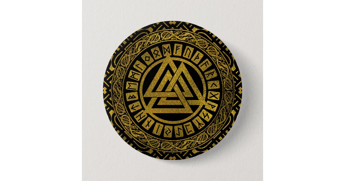 Gold Metallic Valknut Symbol on Celtic Pattern Pinback Button | Zazzle