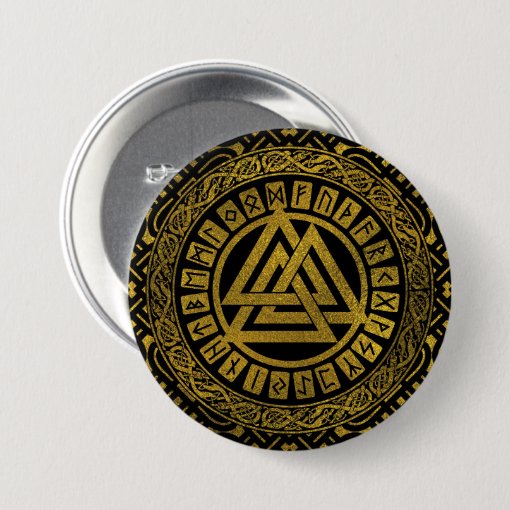 Gold Metallic Valknut Symbol on Celtic Pattern Pinback Button | Zazzle